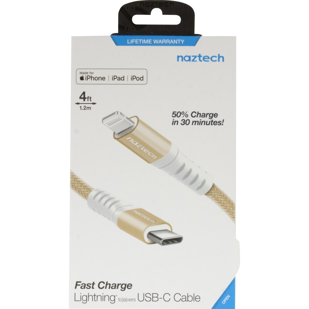 NAZTECH 4FT BRAIDED FAST CHARGE MIFI LIGHTNING TO USB-C CABLE GOLD